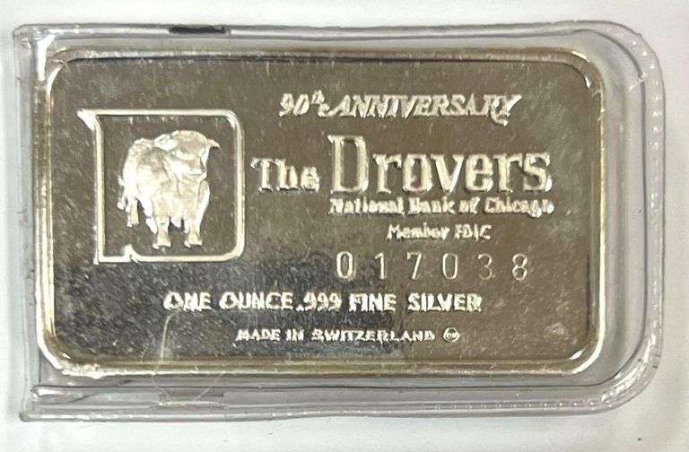 RARE Vintage Drovers National Bank 1 oz .999 Fine Silver Art Bar ...