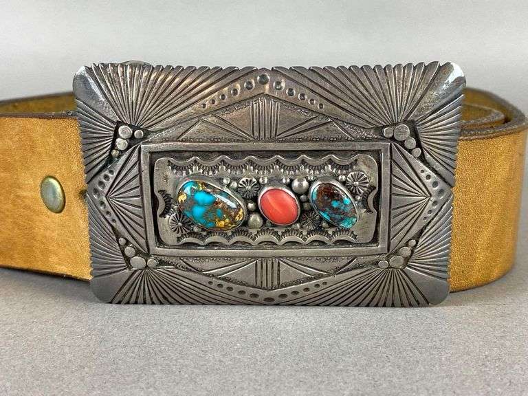 Sterling Silver Turquoise and Coral Native American Style Belt Buckle ...
