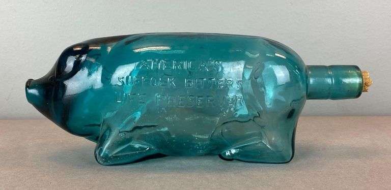 Reproduction Suffolk Bitters Life Preserver Aqua Glass Pig Bottle ...