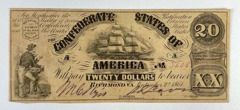 1861 Confederate States of America Richmond $20 Banknote - Matthew ...