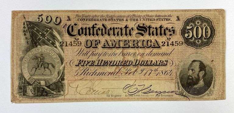 1864 Confederate States of America Richmond $500 Banknote - Matthew ...