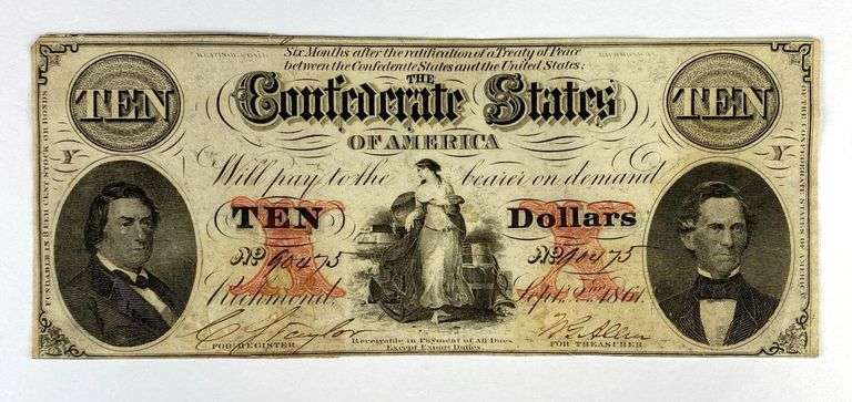 1861 Confederate States of America Richmond $10 Banknote - Matthew ...