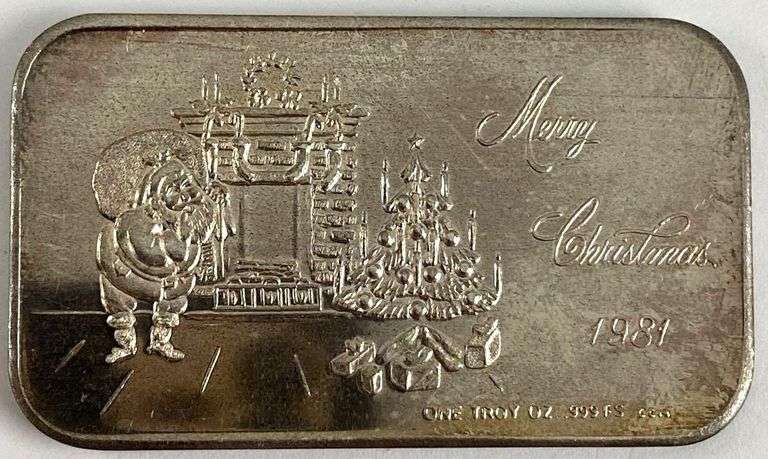 1981 Crown Mint Merry Christmas 1 oz .999 Fine Silver Ingot/ Bar ...