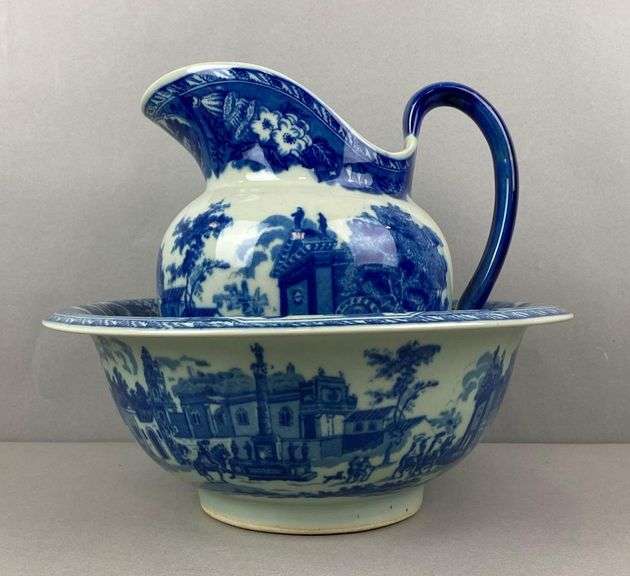 Antique Victoria Ironstone Flow Blue Wash Pitcher and Basin - Matthew ...