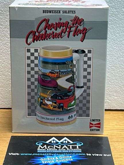 NOS! Limited Edition Checker Flag Budweiser beer mug - McNatt Real Estate