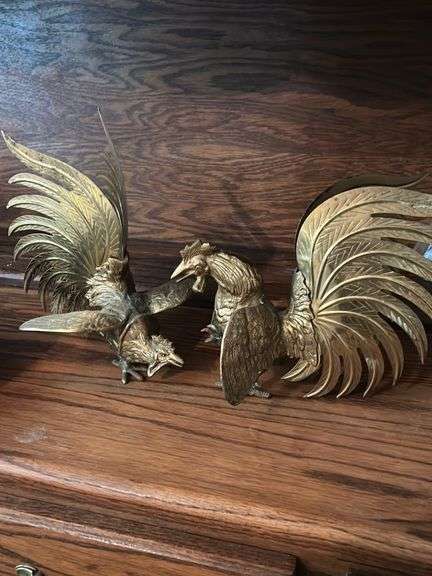 Heavy brass fighting roosters set - McNatt Real Estate