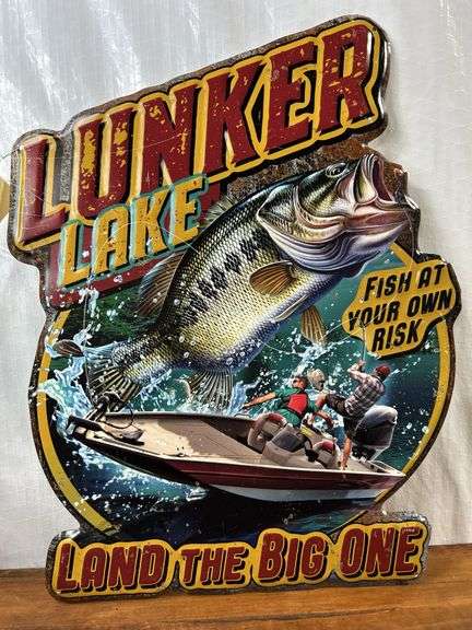 Large heavy gauge metal Lunker Lake Fishing sign - McNatt Real Estate