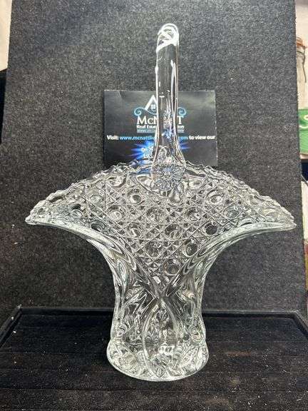12" VINTAGE LEAD CRYSTAL CUT GLASS BASKET BOWL VASE Diamonds Buttons ...