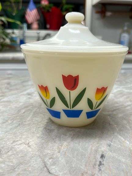 Fire King Tulip Ivory Off White Grease Drip Jar With Lid Anchor ...