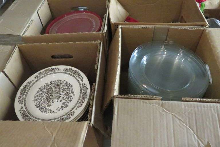 FOUR BOXES OF GLASS PLATES - McPherson Auction & Realty