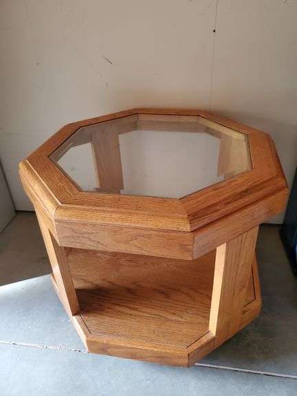 Glass top oak end table, octagon shape - McPherson Auction & Realty