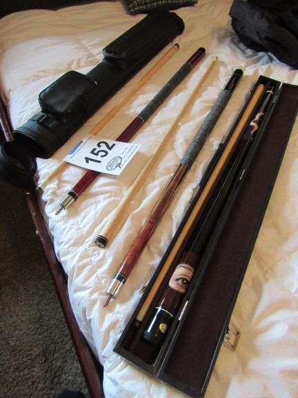 THREE POOL CUES - ONE A VERY COOL PIN UP POOL STICK - WITH TWO CASES ...