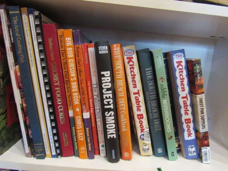 APPX 23" WIDE X 10" DEEP X 36" TALL BOOKSHELF W/ SEVERAL COOKBOOKS ...