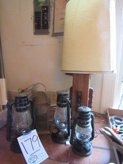 "LAMP LIGHT FARMS" THREE RAILROAD OIL LAMPS AND TABLE LAMPS AND COPPER ...
