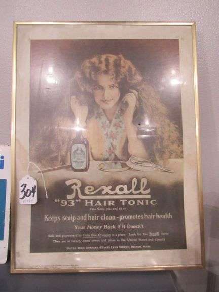 REXALL HAIR TONIC IN FRAME 19"X25" - McPherson Auction & Realty