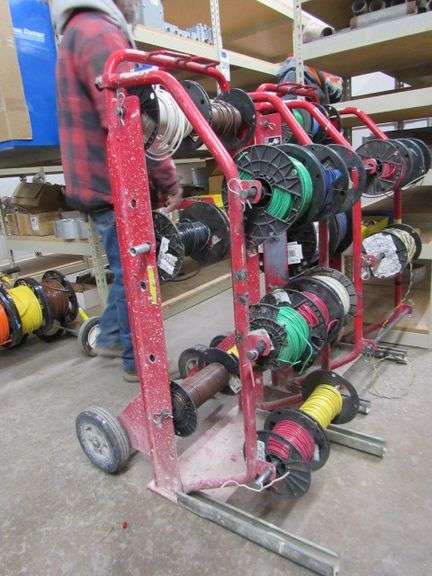 UPRIGHT WIRE CART WITH 12 SPOOLS OF WIRE - McPherson Auction & Realty