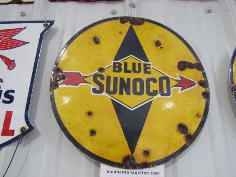 BLUE SUNOCO 12" ROUND PORCELAIN SIGN - McPherson Auction & Realty