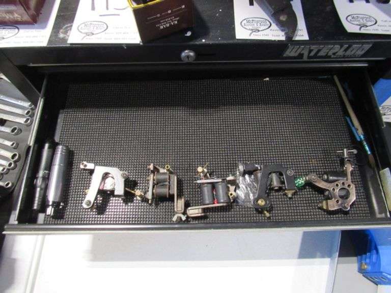 TATOO GUNS, INK, STENCILS AND ETC. WITH WATERLOO 3 DRAWER MID BOX TOOL ...