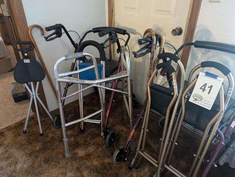 ALUMINUM FOLDING WALKER. LUMEX WALKER W/ BRAKES, 2 FOLDING STOOLS-1 WOODEN CANE - McPherson ...