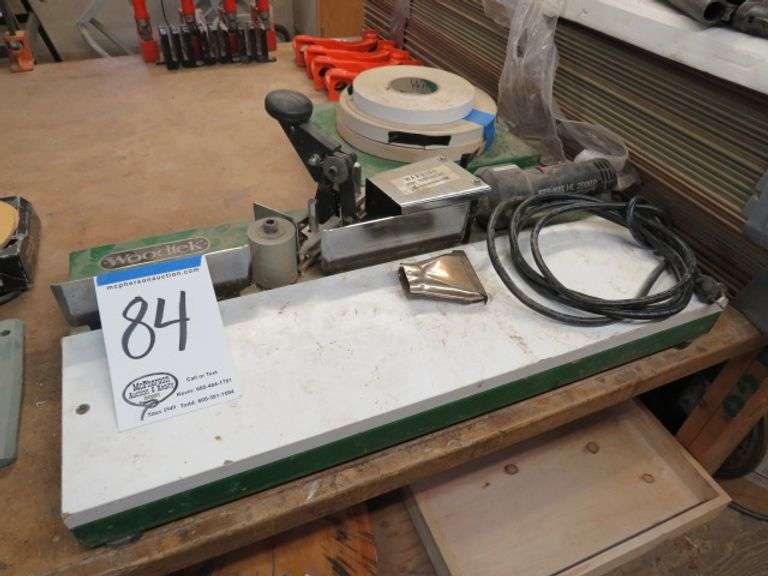 WOOD TEK TABLE TOP EDGE BANDER WITH HEAT GUN AND 3 SML. ROLLS OF EDGING ...