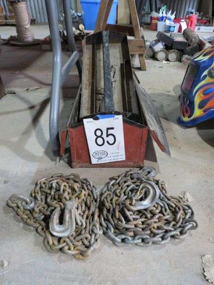 2 LONG CHAINS W/BENT HOOKS AND METAL TOOL BOX AND ASSTD. TOOLS ...