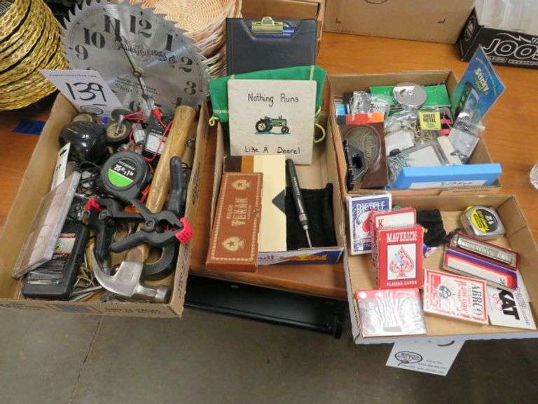4 BOX OF PLAYING CARDS UTILITY BLADES JOHN DEERE MEMORABILLIA AND ETC ...