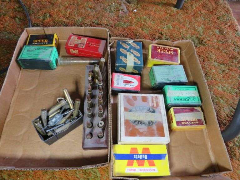 6 BOXES OF RE LOADING BULLETS AND 2 VINTAGE BOXES AND BOX OF MISC. AMMO ...