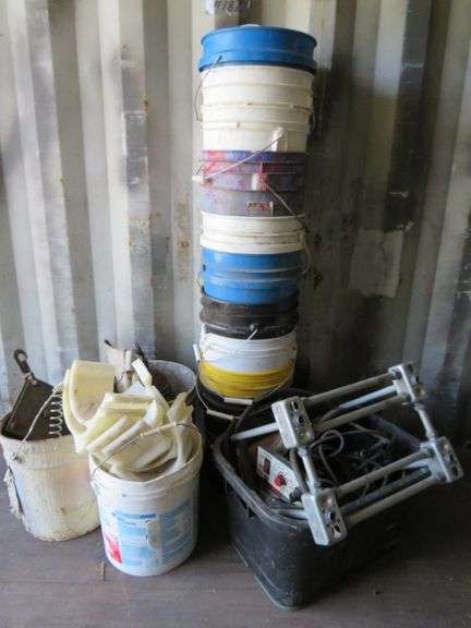 GROUP OF EMPTY BUCKETS, AND BUCKETS WITH HARDWARE AND VARIOUS SUPPLIES ...