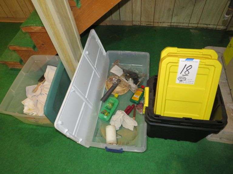 3 SMALL BLACK AND YELLOW TOTES WITH LIDS, FLAT TOTE WITH ITMES AND ETC ...