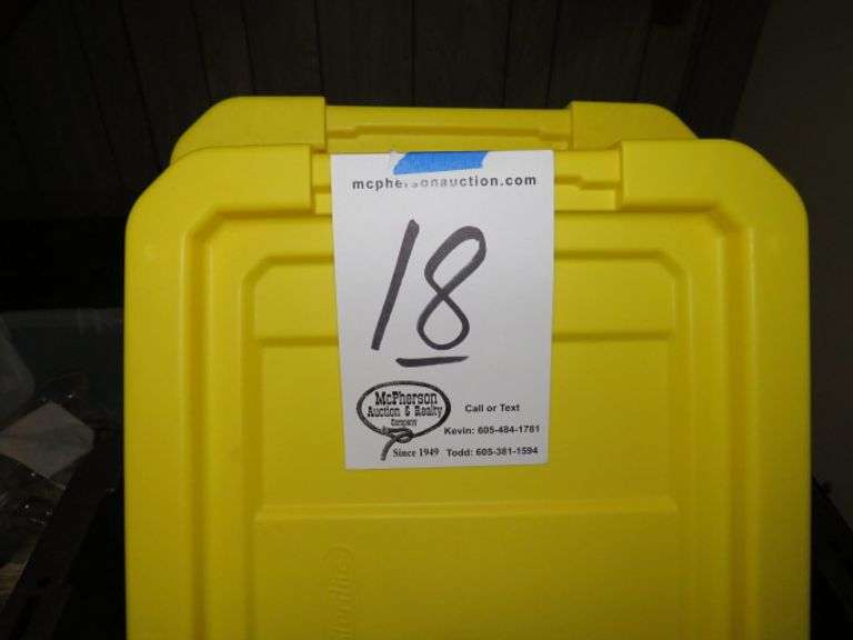 3 SMALL BLACK AND YELLOW TOTES WITH LIDS, FLAT TOTE WITH ITMES AND ETC ...