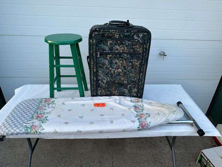 Wood Stool, Ironing Board, Suitcase - Meagher Auctioneers