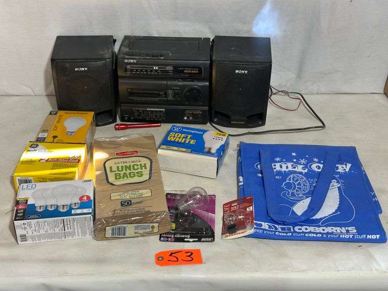 Stereo, Lunch Bags, Lightbulbs - Meagher Auctioneers