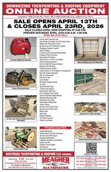 Kostreba Tuckpointing & Roofing Online Auction - Meagher Auctioneers