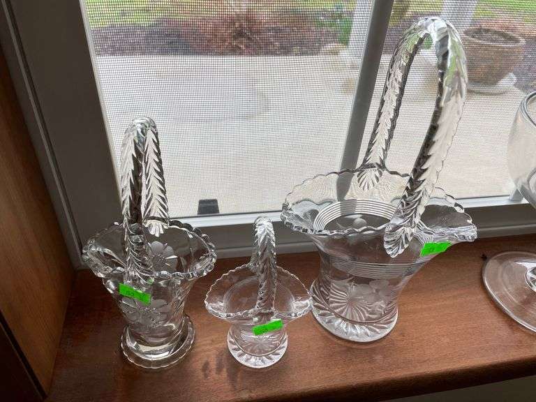 (3) Etched Glass Baskets w/handles - Metzger Property Services, LLC