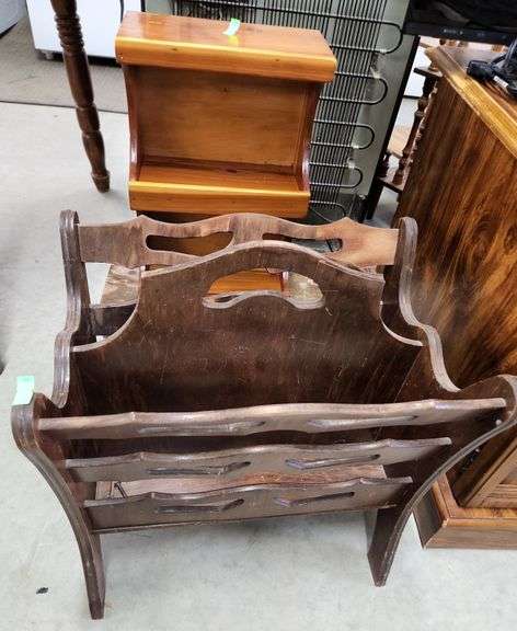 Magazine rack, some damage, foot stool, and shelf - Metzger Property ...