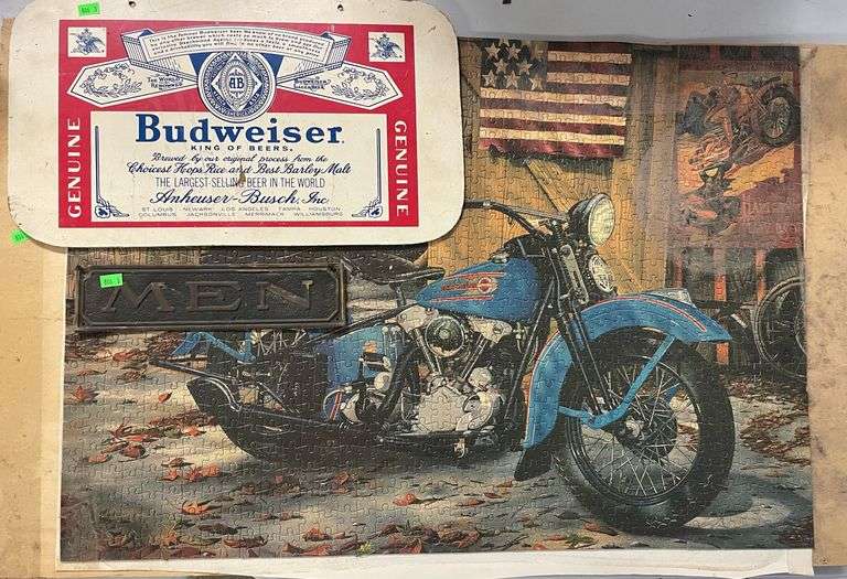 Budweiser Sign 17” x 10”, Mens Sign 10” x 2 1/2”, and Harley Davidson ...