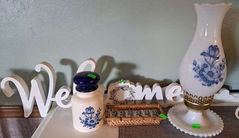 Electric milkglass lamp 13.5" tall, wooden welcome sign 23" long ...