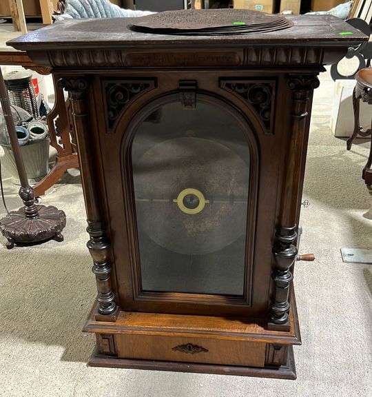 Polyphon upright Disc player 16”x27.5”x 36.5”, hand crank, coin ...
