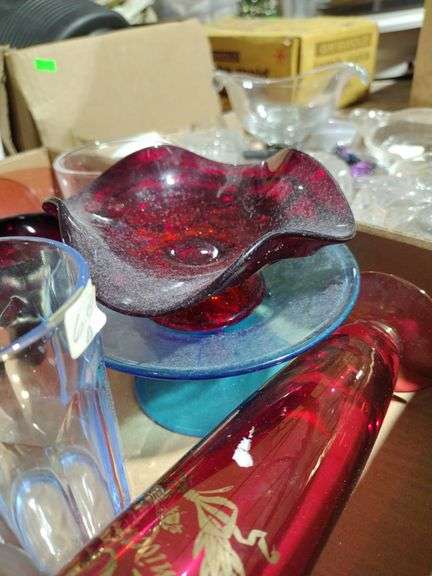 Clear glass creamers and sugars, Ruby red pedestal dish and cup, clear ...