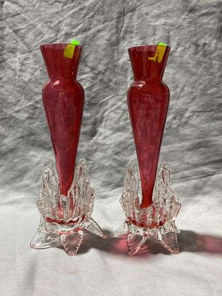 Two - Footed Crystal Vases Flared Scalloped Rim 9” - Metzger Property ...