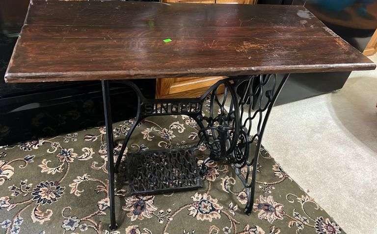 Wrought iron Singer sewing machine treadle Table with Wood Top, 18”x40 ...
