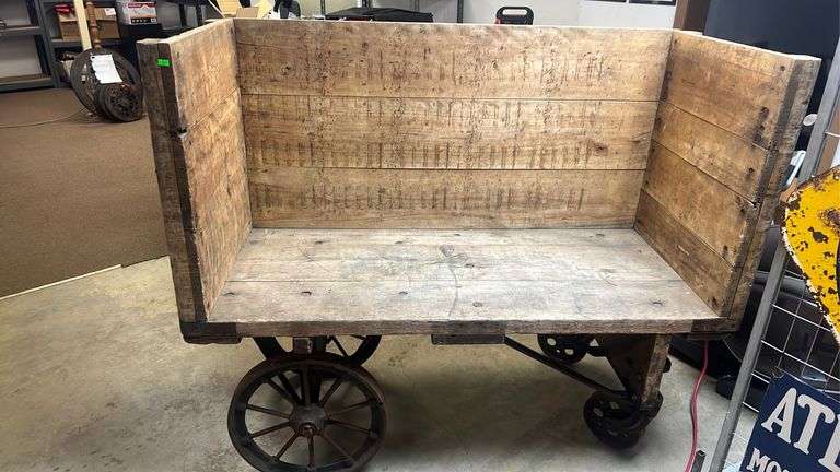Vintage Steel Wheeled cart , 25”x 60”x 51”, Howe Trucks , stenciling ...