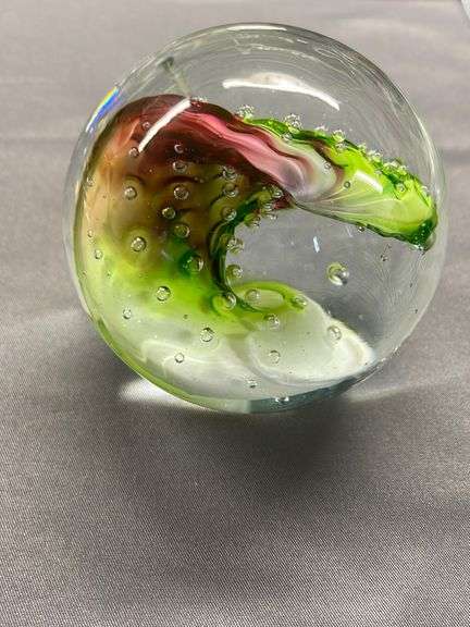 Large Paperweight w/ Red & Green Wave Swirl inside - Metzger Property ...