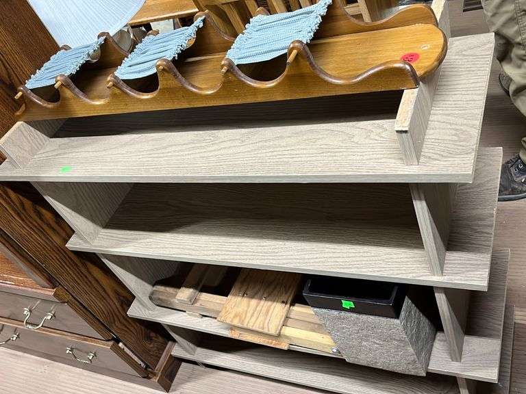 Pressed wood shelf 36x36x12" with contents as shown in pictures ...