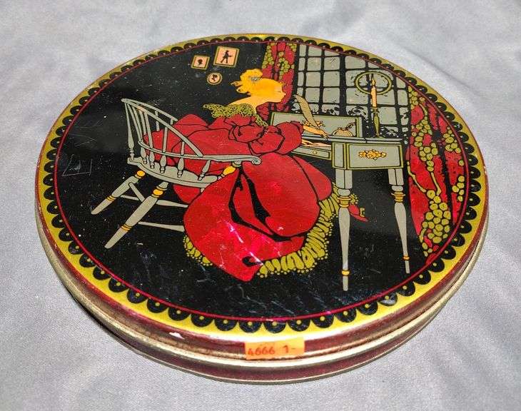 TINDECO Tin Box Lady at Writing Table Red Dress Vintage 7 inch Round ...