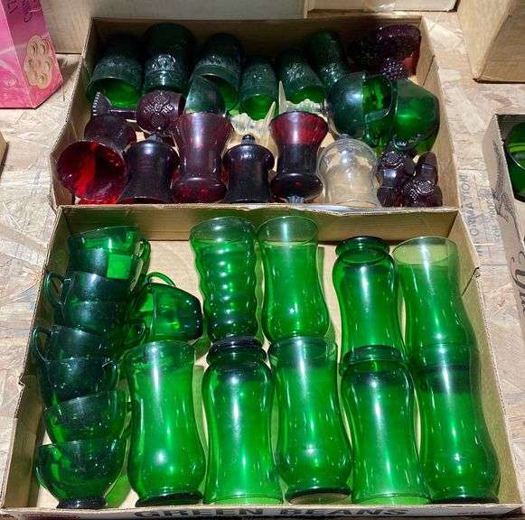 Green glass cups, pedestal cups, Ruby red sconces, salt & pepper ...
