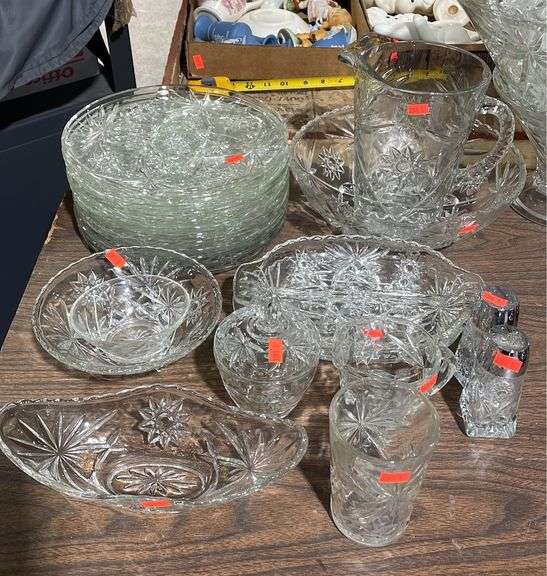 Starburst pattern glass dishes including tea trays with beverage ...