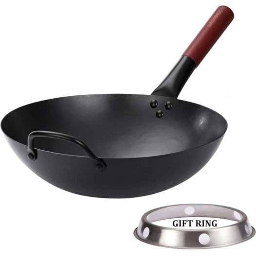 XEEYAYA Carbon Steel Wok Pan with Ring, Chinese Woks and Stir Fry Pans ...