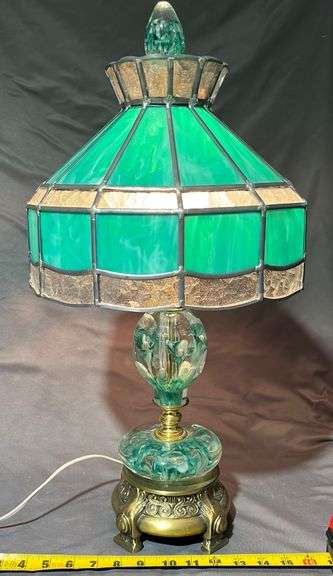 Joe Rice Turquoise Paperweight lamp with Leaded glass shade 24in with ...