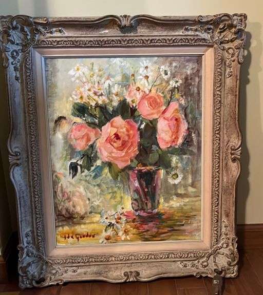 Signed oil on canvas painting floral wood frame 24x27" - Metzger ...